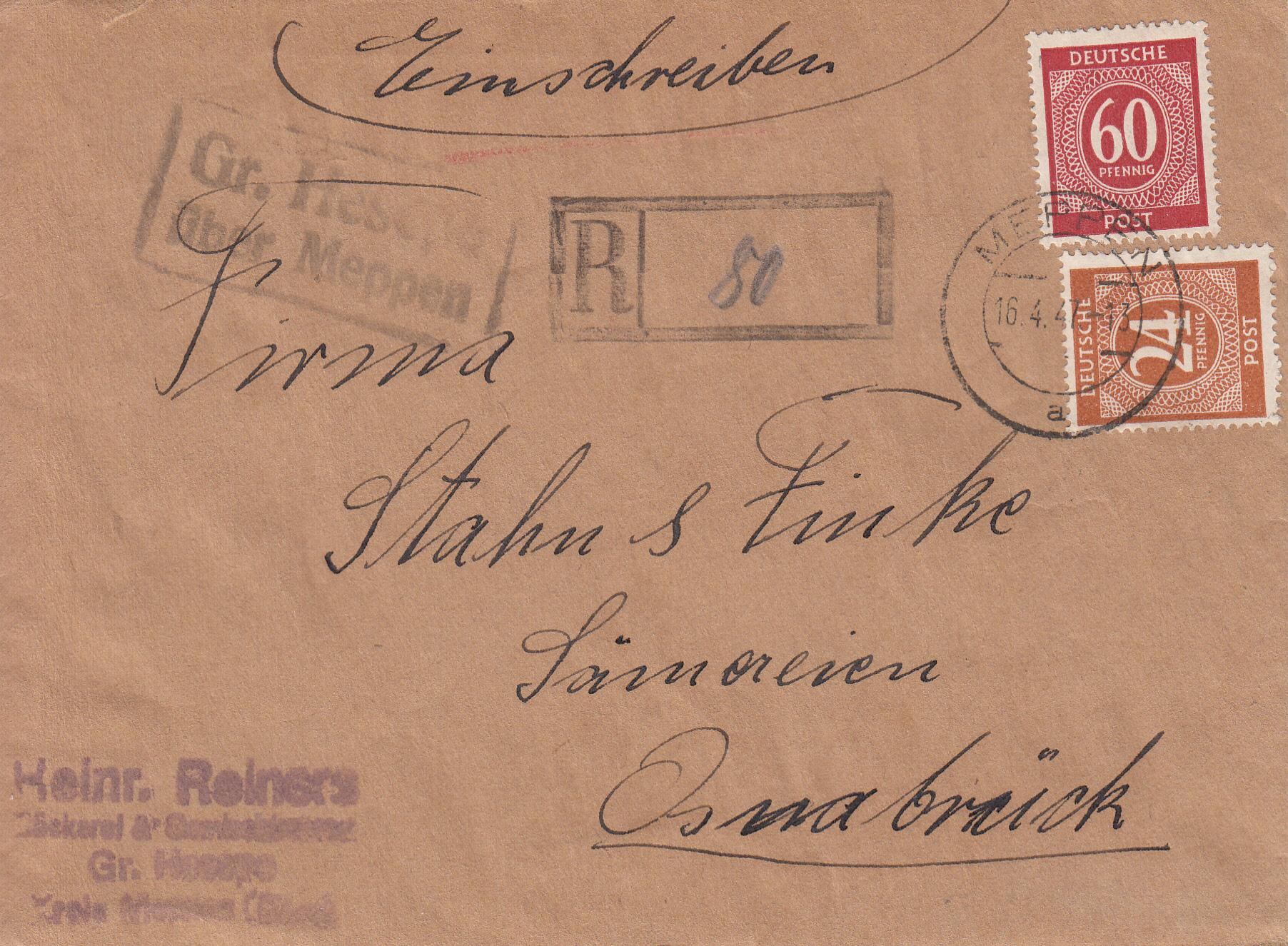 R-Stempel Bizone – Einschreiben aus Niedersachsen