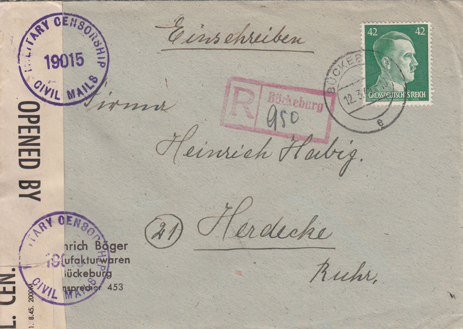 R-Stempel Deutsches Reich – Einschreiben aus Niedersachsen